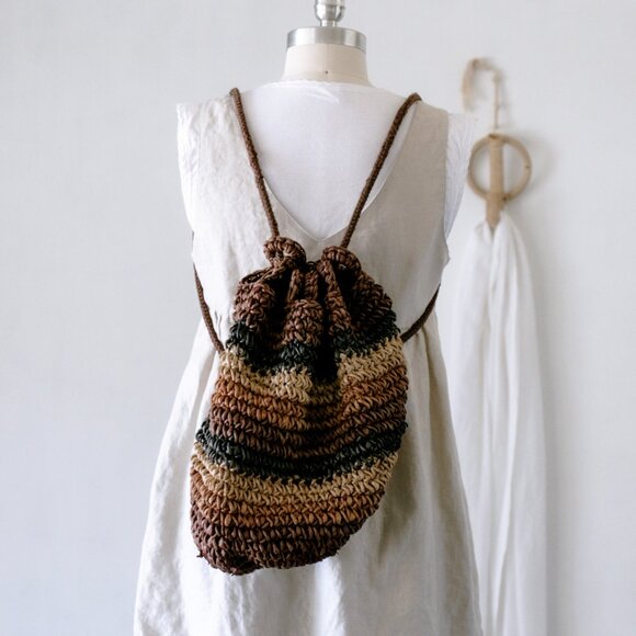Vintage | Bags | Vintage Twisted Raffia Crochet Backpack | Poshmark